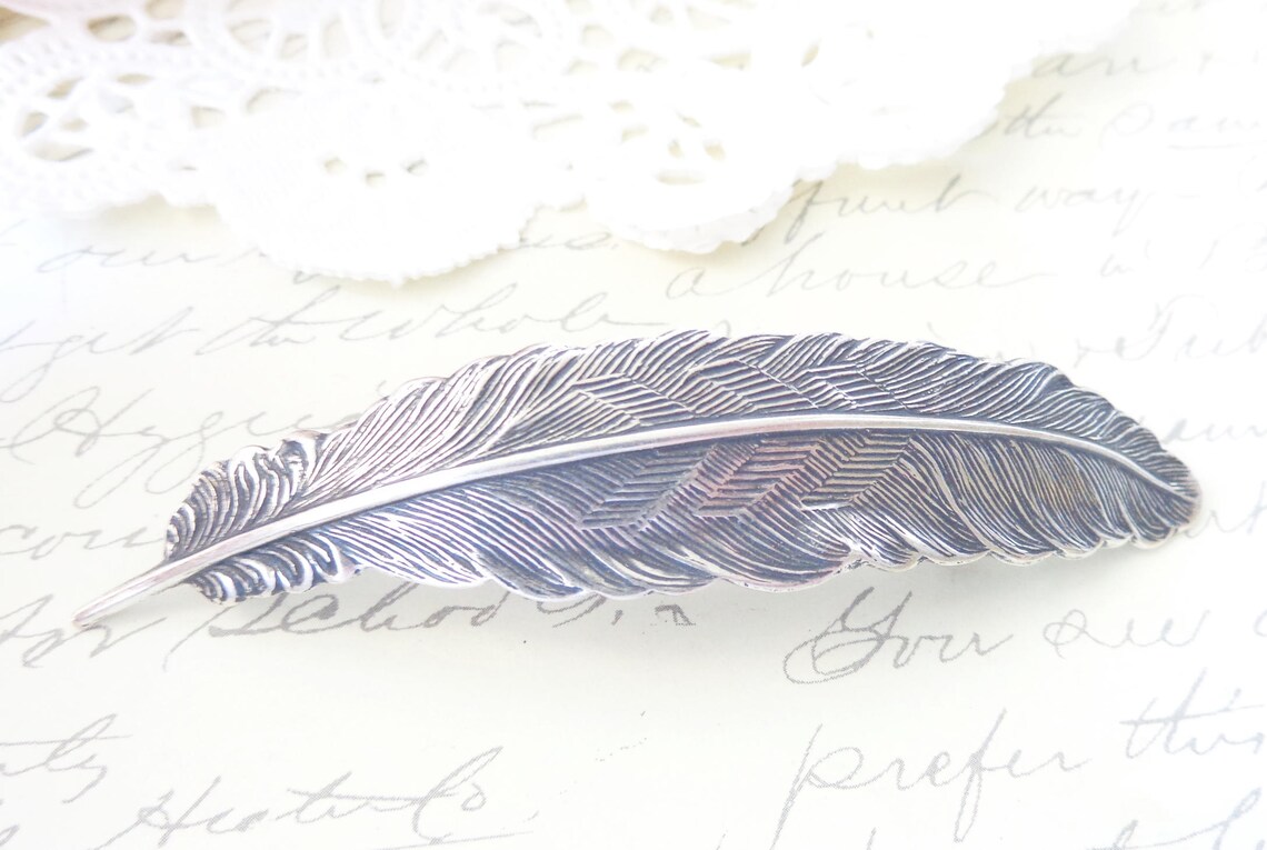 Ox Silver Feather Hair Barrette - Large Feather Hair Clip - French ...