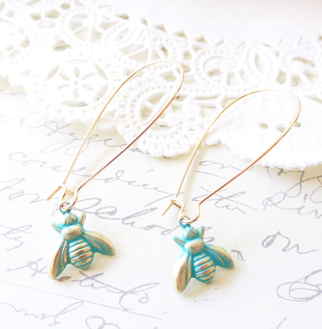 Verdigris Bee Earrings - Mint Bumble Bee Earrings - Honey Bee - Dangle ...