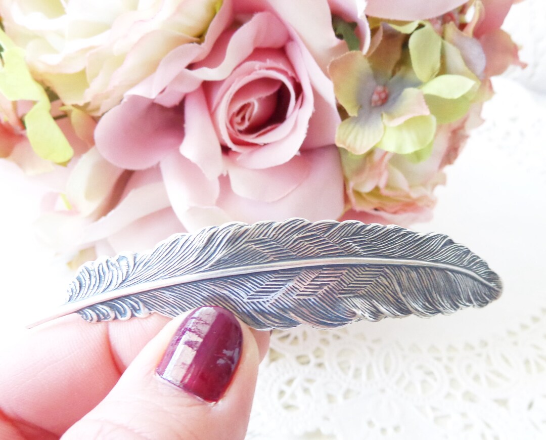 Ox Silver Feather Hair Barrette - Large Feather Hair Clip - French ...