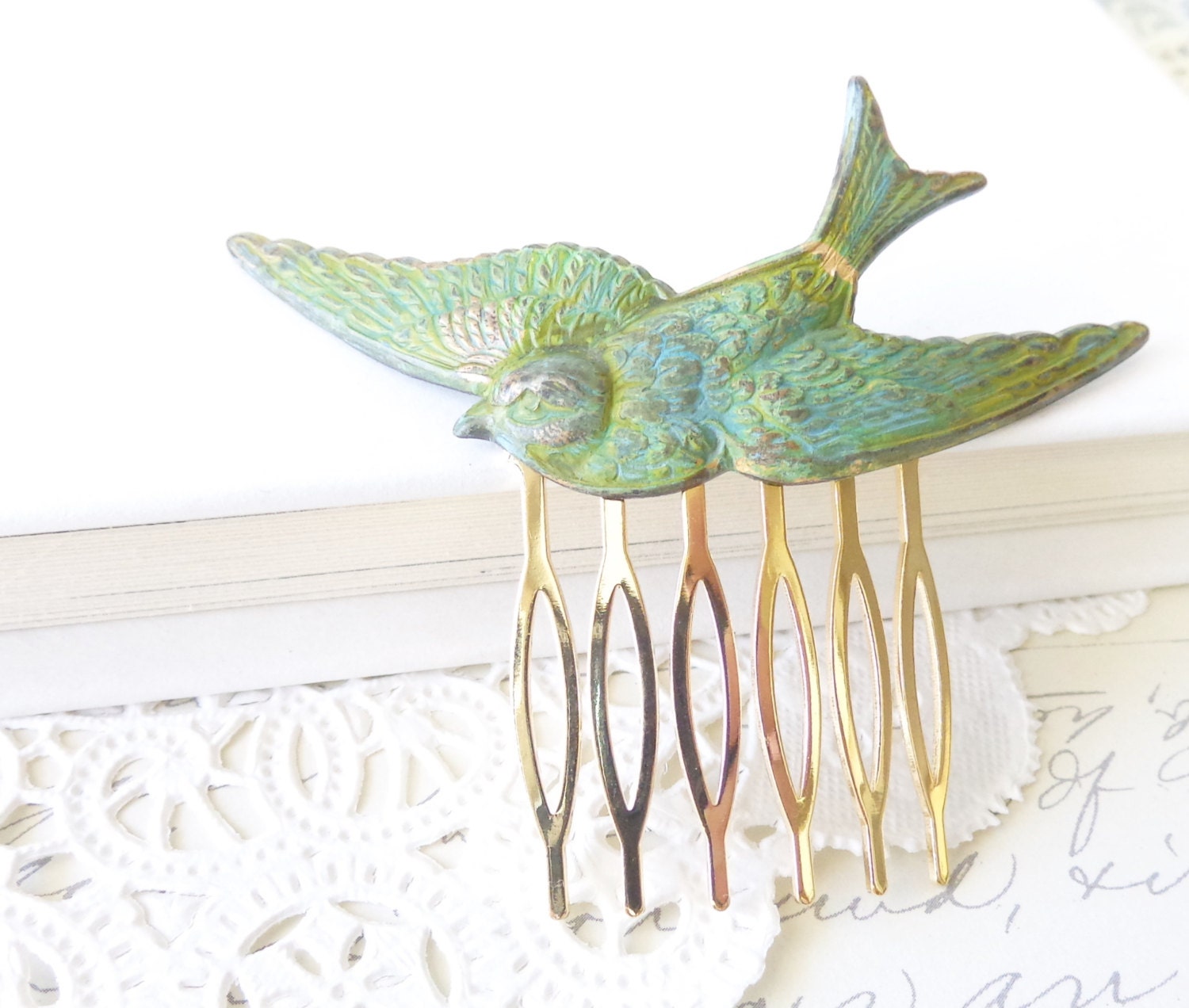 Verdigris Sparrow Hair Comb - Large Sparrow - Swallow Bird - Wedding ...