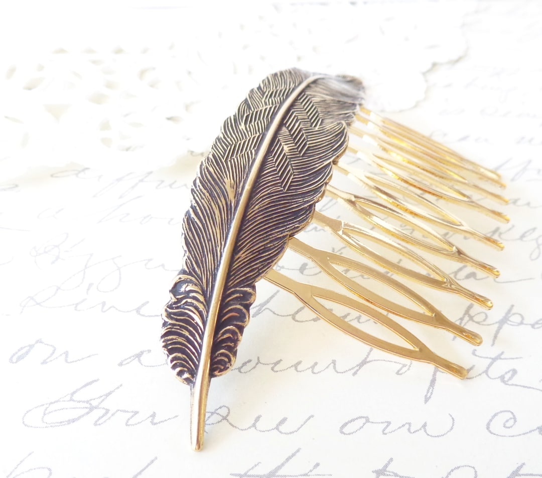 Golden Ox Brass Feather Hair Comb - Antique Ox Brass Feather Comb ...
