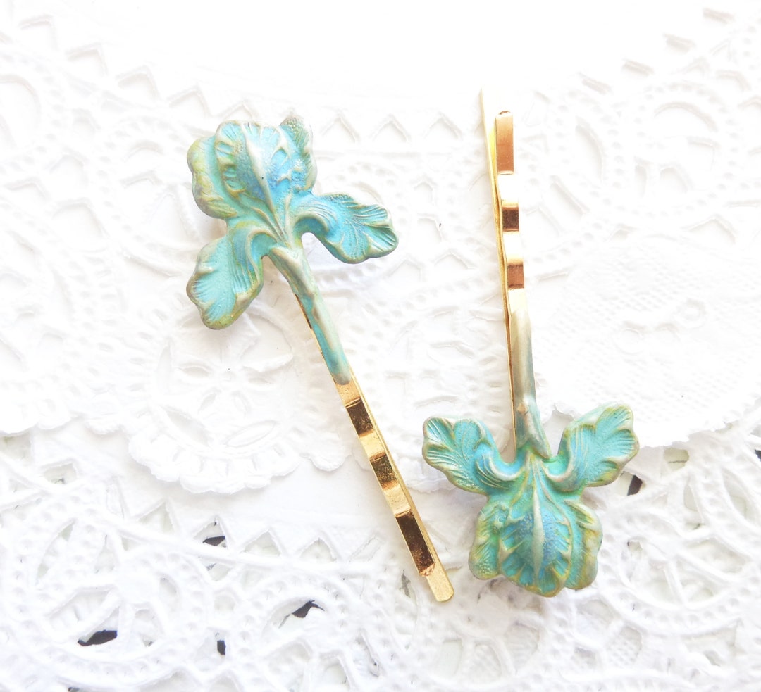 Verdigris Iris Flower Hair Pins - Iris Bobby Pin - Flower Hair Pins ...