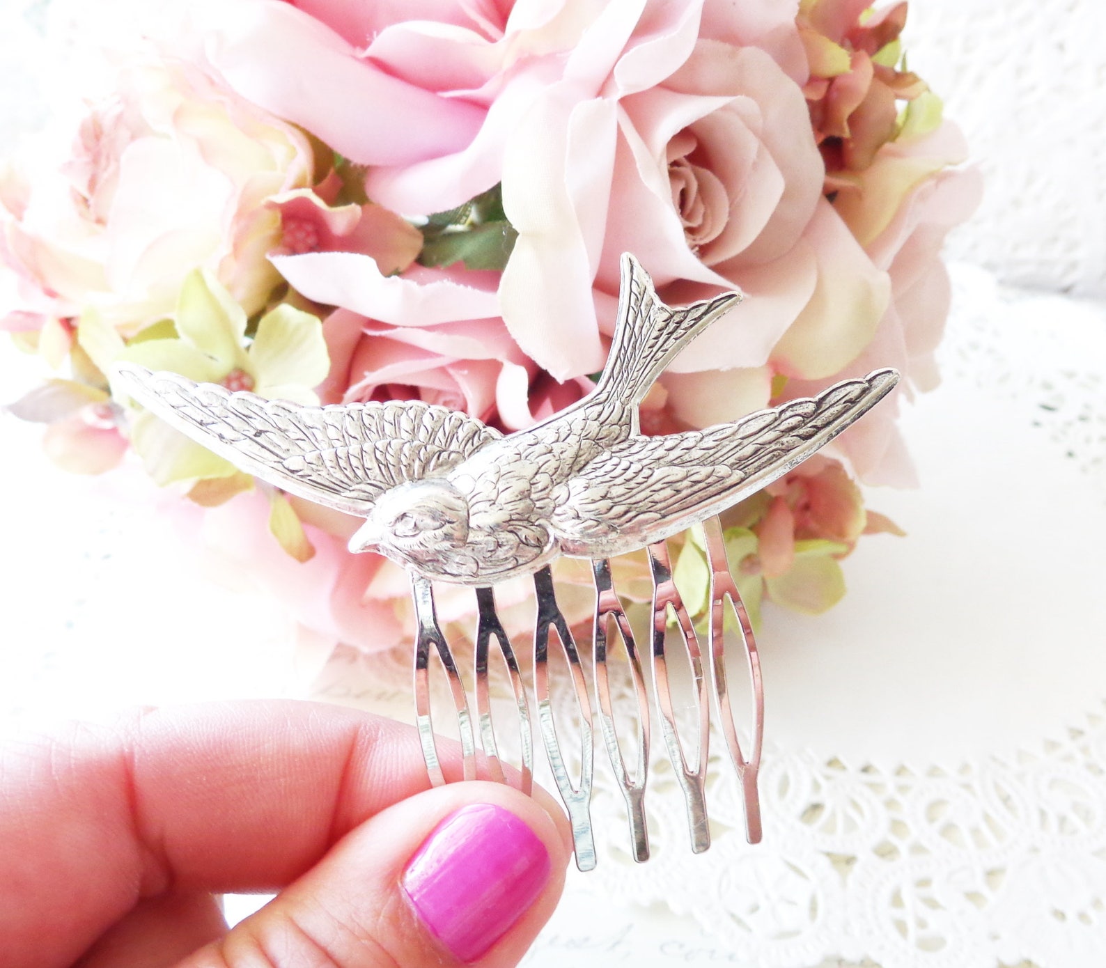 Silver Flying Sparrow Hair Comb - Swallow Hair Comb - Flying Bird Hair ...