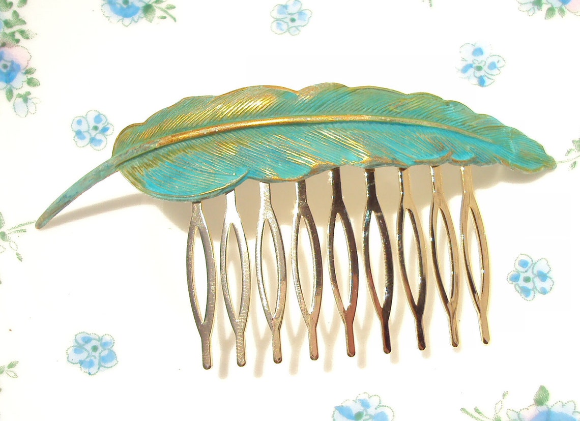 Gold Verdigris Feather Hair Comb Woodland Collection - Etsy