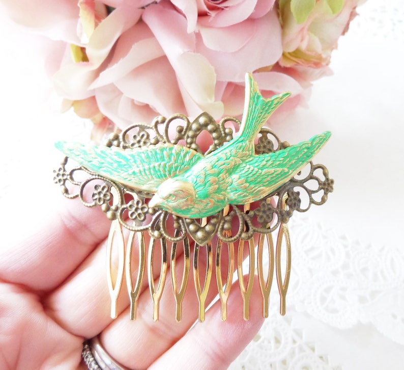 Green Sparrow Hair Comb Flying Swallow Hair Comb Large | Etsy