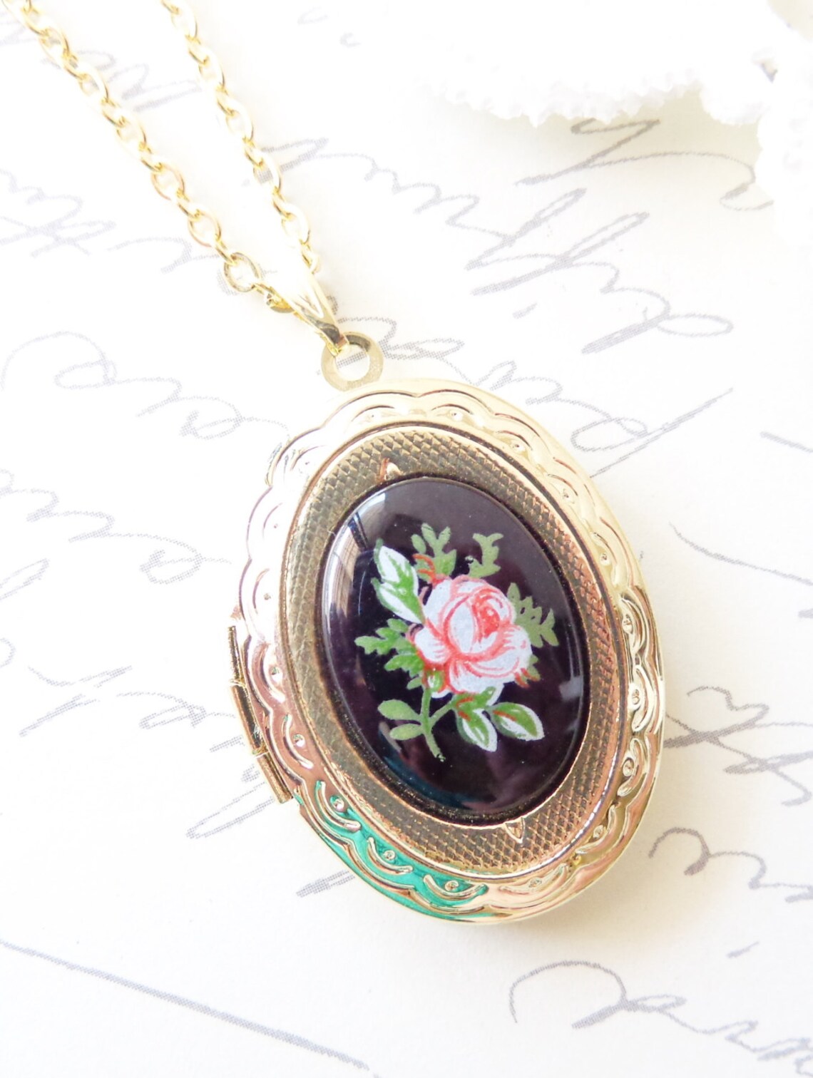 Vintage Rose Locket Necklace 16k Gold Plated - Gold Locket - Oval ...