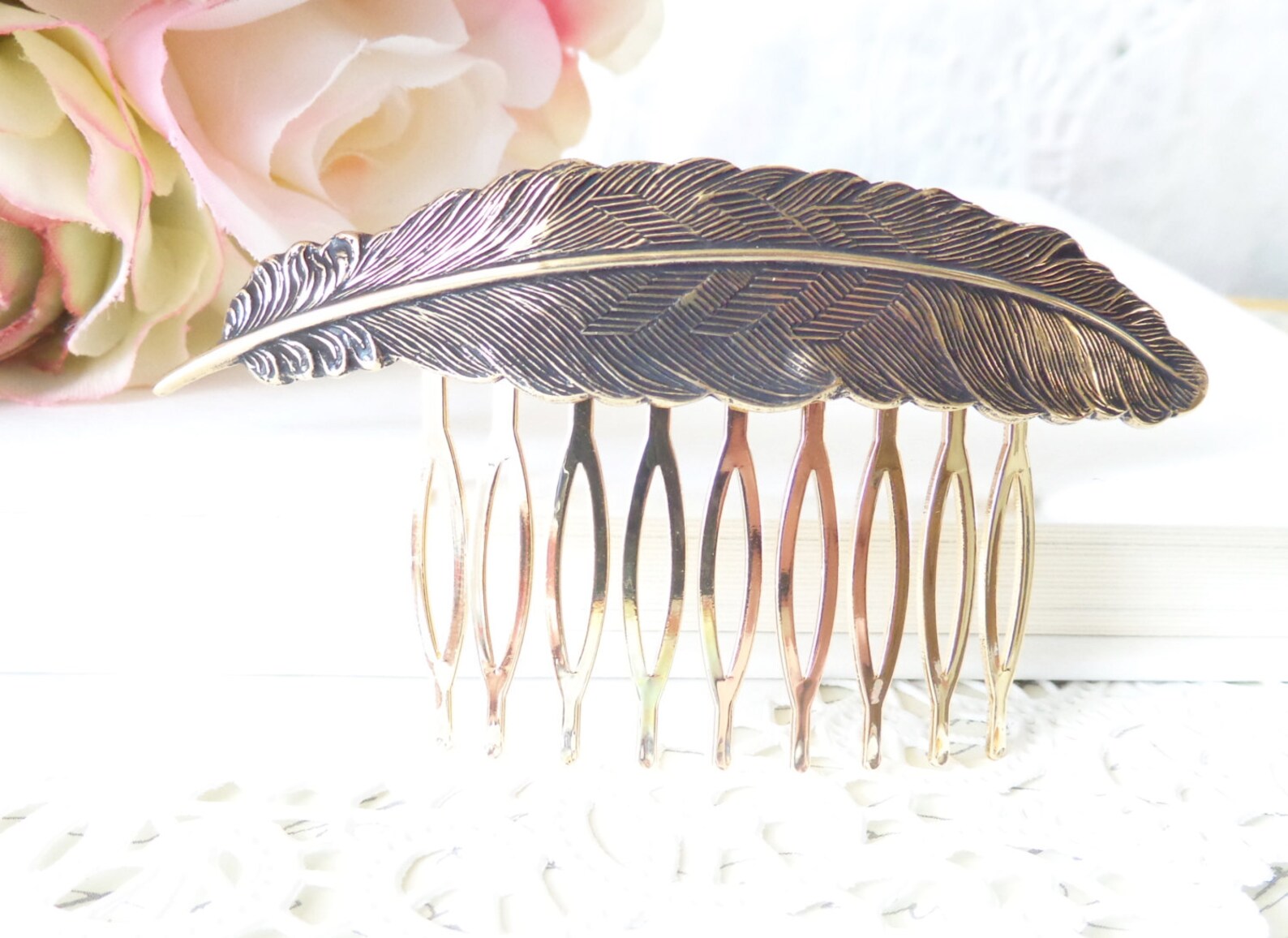 Golden Ox Brass Feather Hair Comb Antique Ox Brass Feather | Etsy