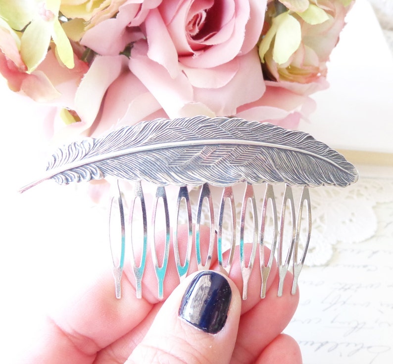 Sterling Silver Plated Feather Hair Comb Ox Silver Feather - Etsy