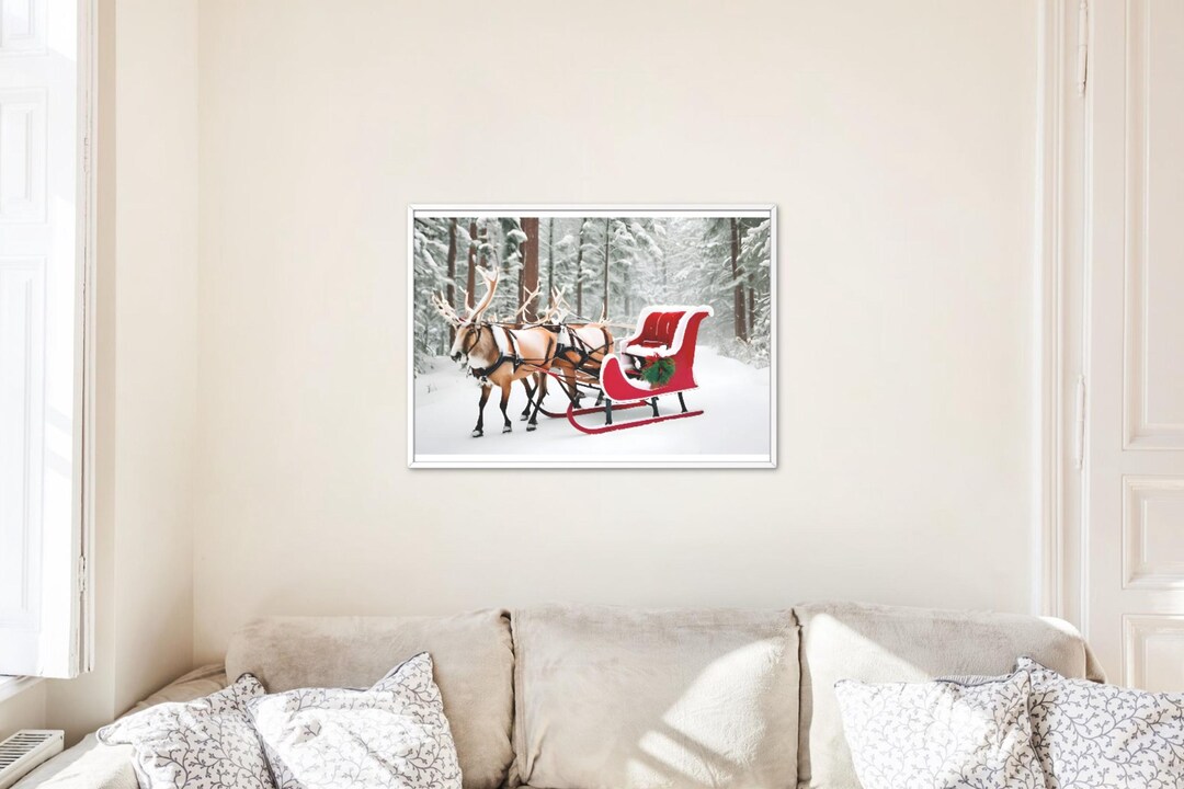 Christmas Reindeer and Sleigh Scene Winter Wonderland Holiday Art - Etsy