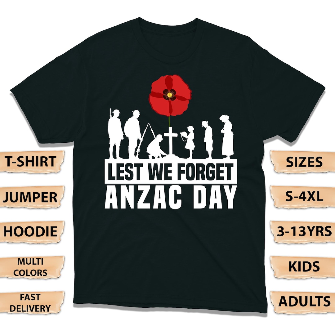 Lest We Forget ANZAC Day T-shirt, Red Poppy Memorial Tribute Jumper ...