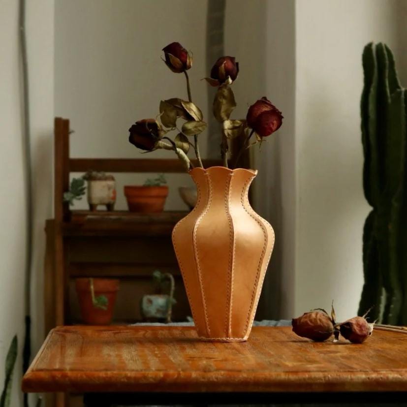 Handcrafted Calfskin Leather Vase: Elegant Cottagecore Home Decor - Etsy