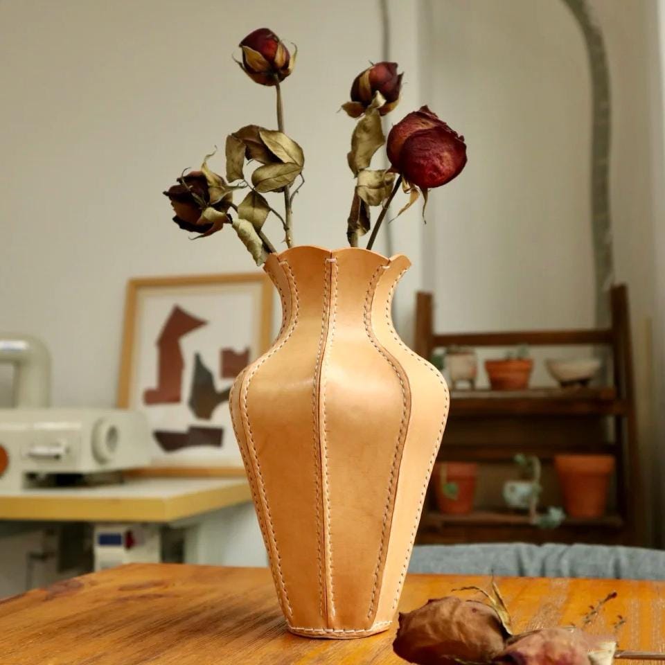 Handcrafted Calfskin Leather Vase: Elegant Cottagecore Home Decor - Etsy