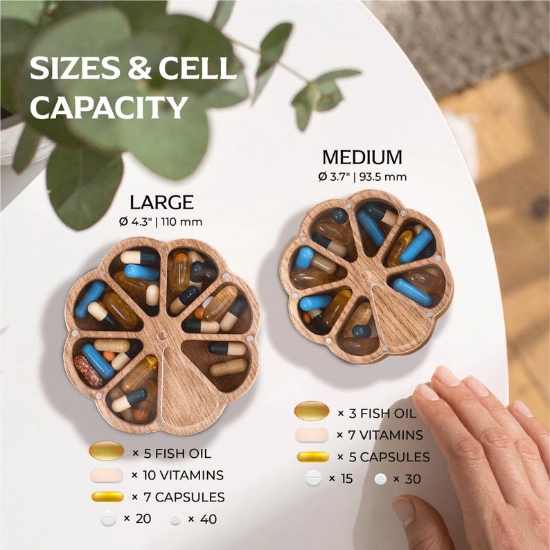 Oak Wood Weekly Pill Organizer: Flower Shape, Magnetic Lid, Portable ...