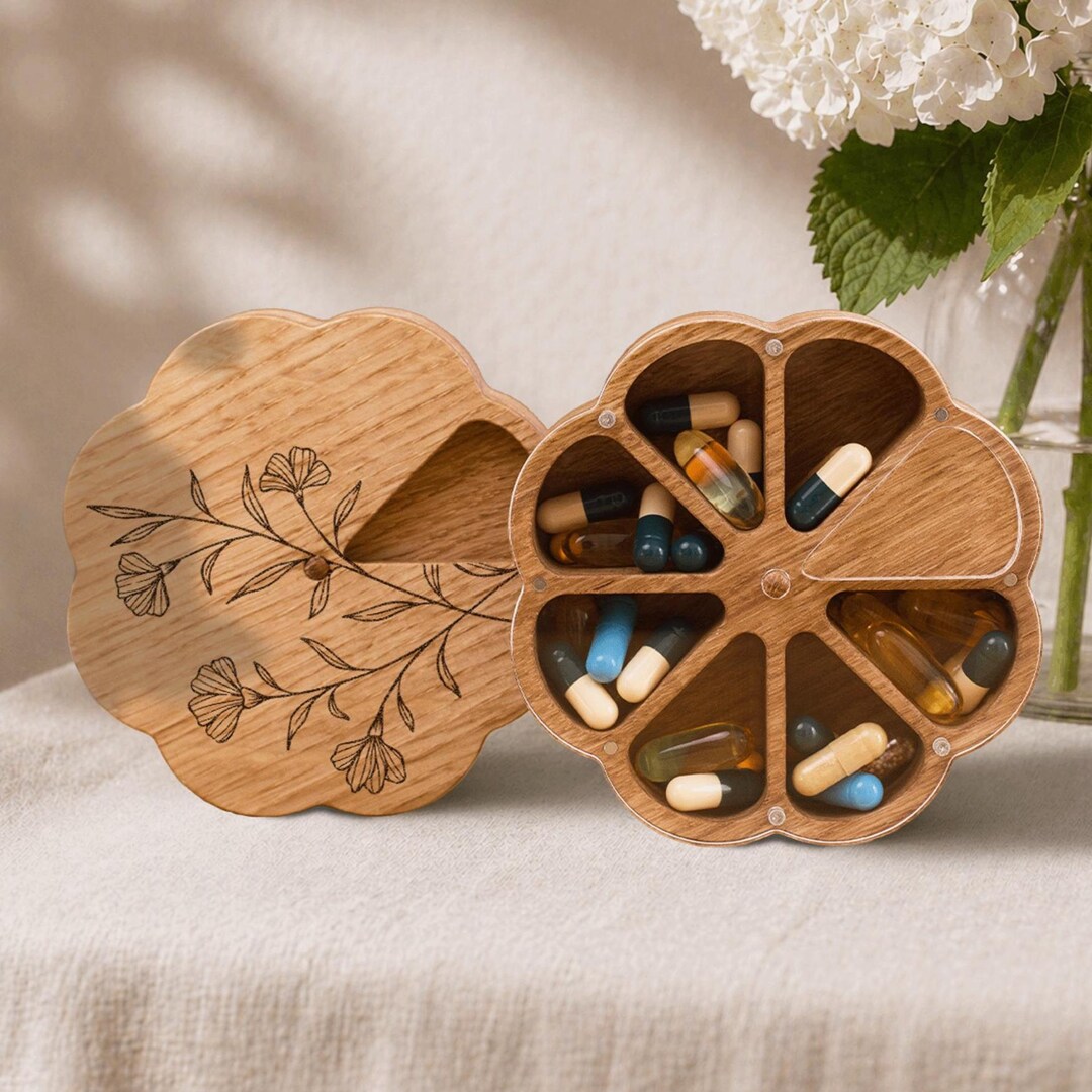 Pill Organizer 7 Day Wooden Pill Box Wood Vitamin Case - Etsy