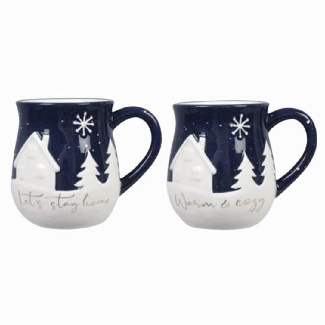 Seasonal Winter Solstice Mug Set Blue Ceramic Mugs With Snow Scene let ...