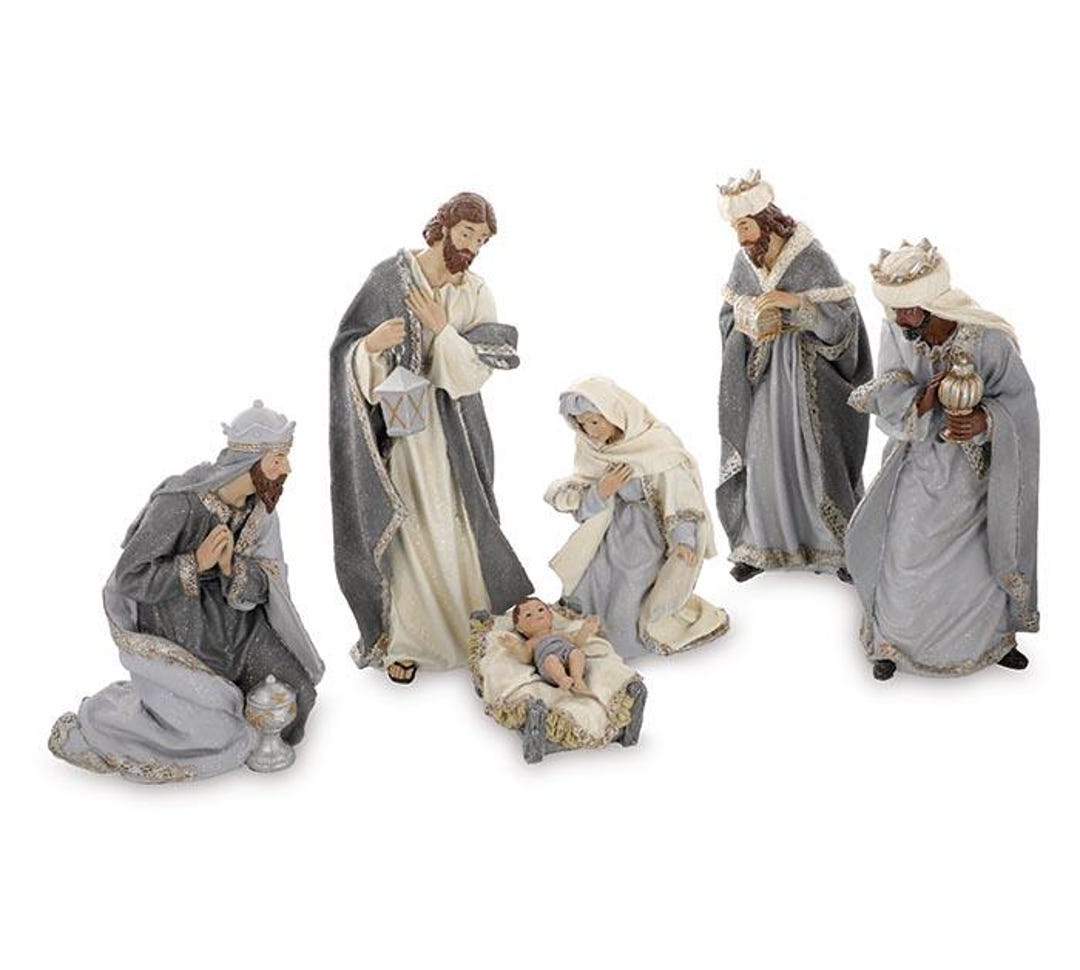 6-piece Nativity Set With Iridescent Gray and Ivory With Glitter ...