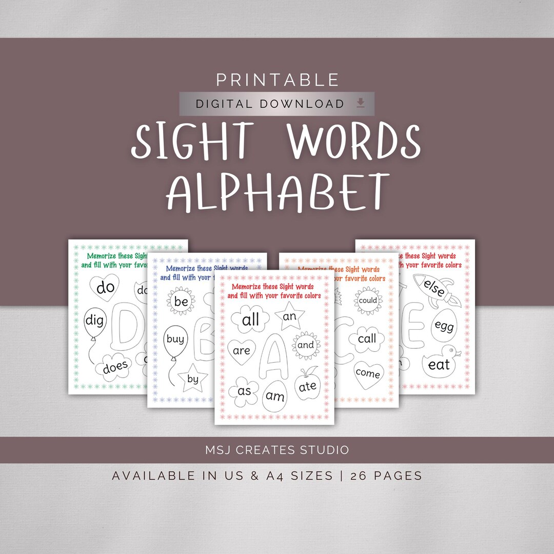Alphabet Sight Words | Printable | 26 Pages | A4 and US Letter Sizes ...