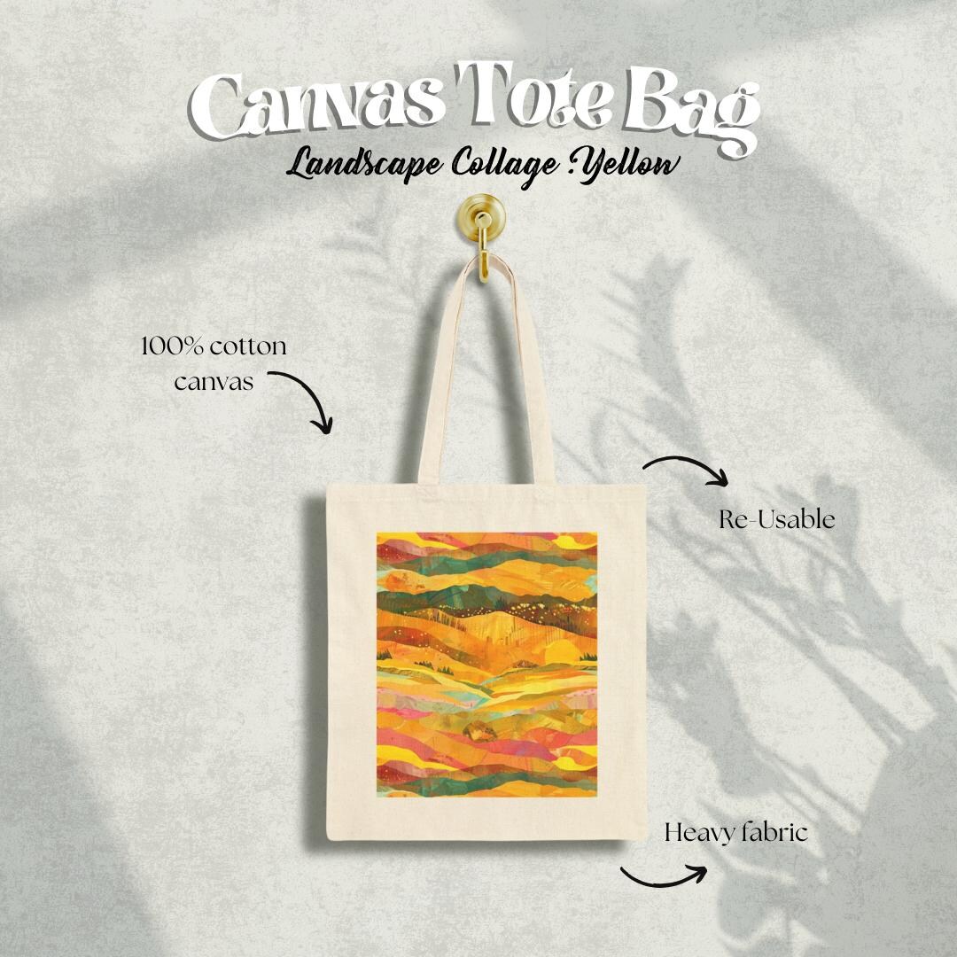 Yellow Landscape Collage Tote Bag, 100% Cotton Canvas, Durable 15x16 ...