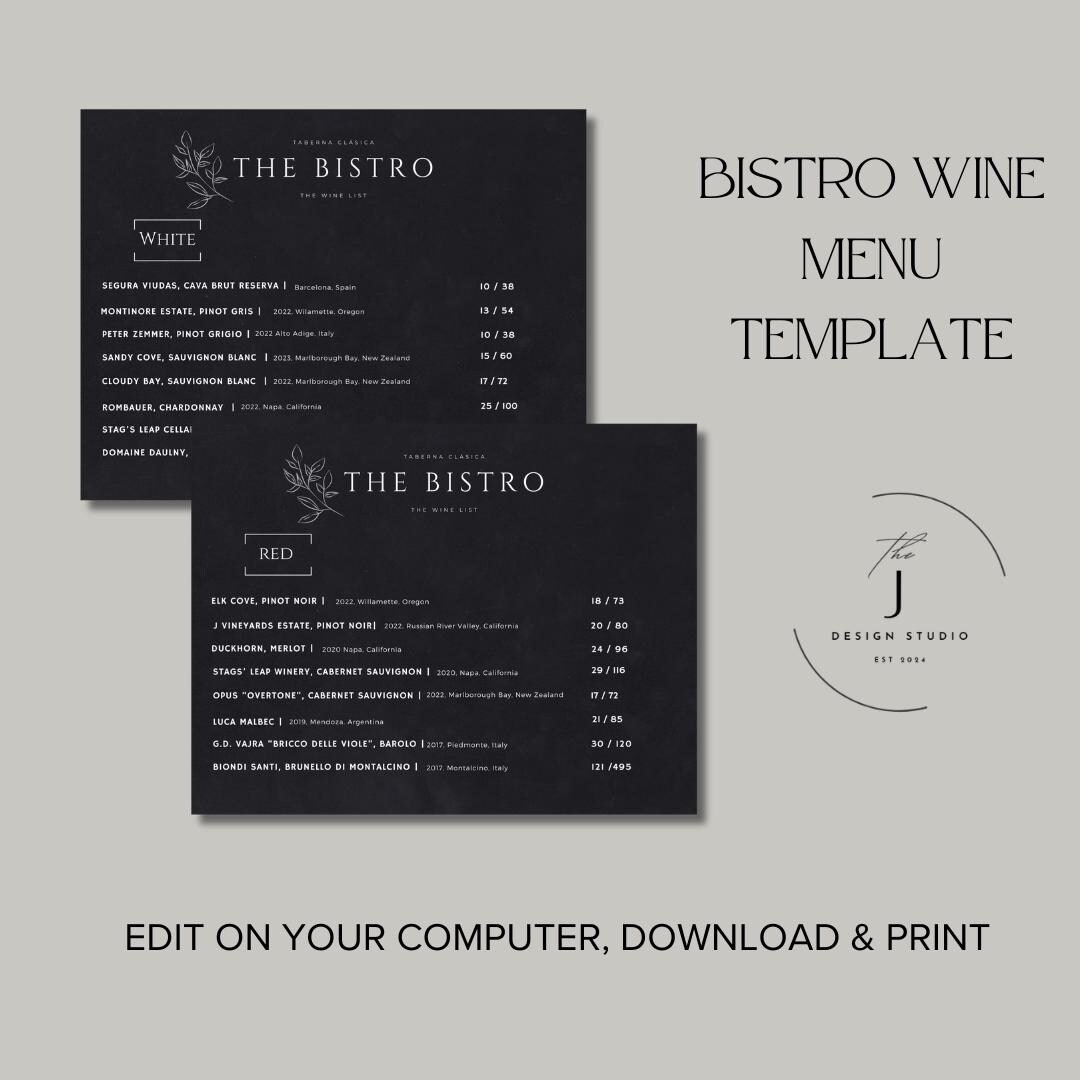 Monochrome Wine List Menu, Digital Template, Instant Download, Bistro ...