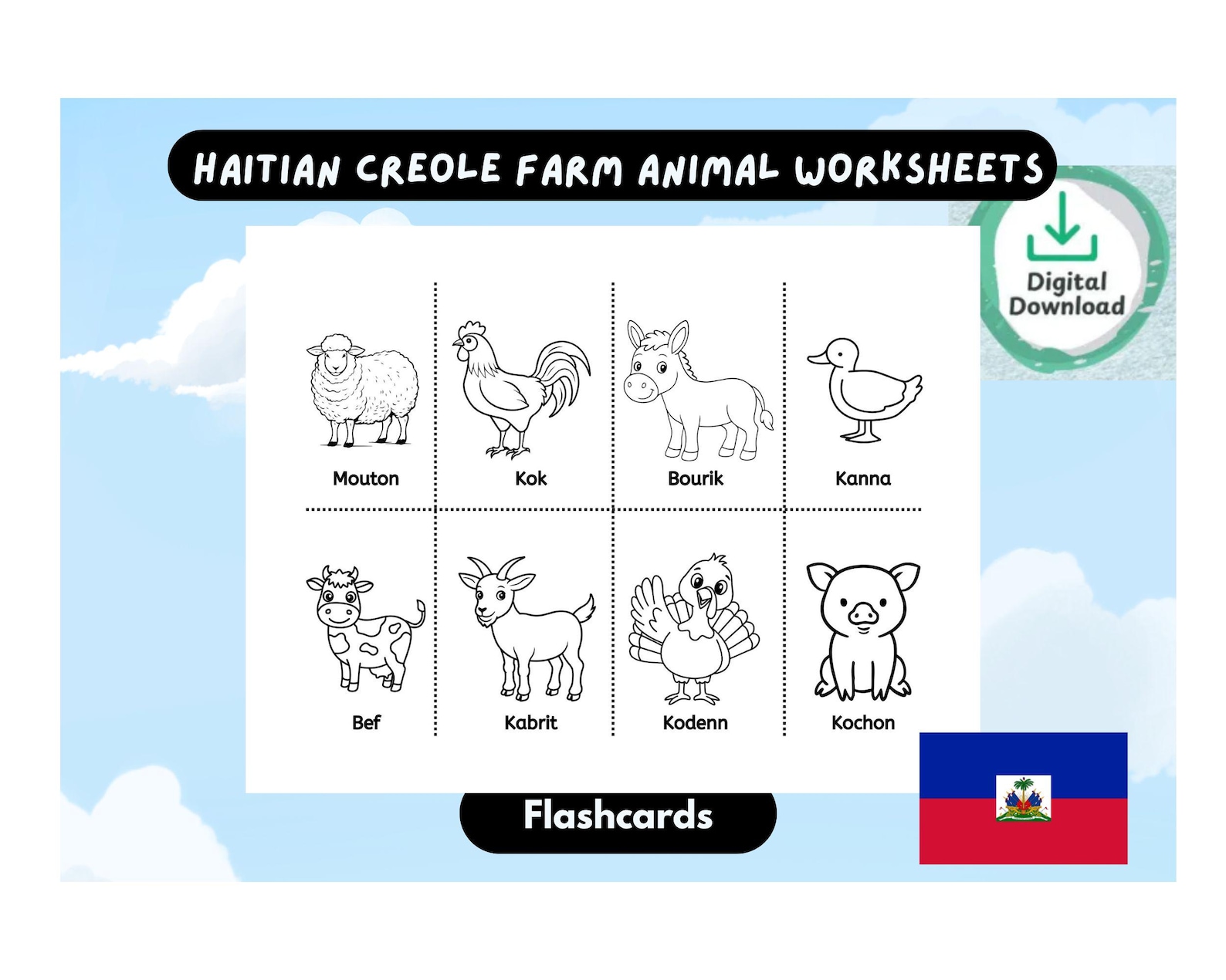 Farm Animals Printable | Learn Haitian Creole for Toddlers | Bilingual ...