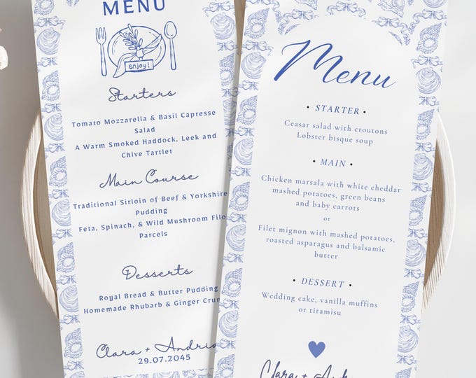 Seashell Wedding Bridal Shower Menu Card Template Coastal Beach Blue ...