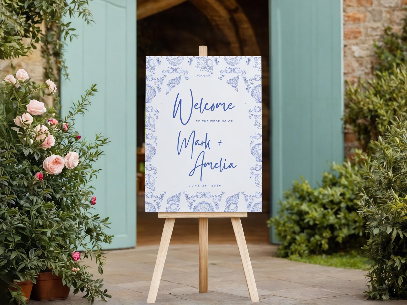 Blue Beach Shell Wedding Sign Template Blue Toile Chinoiserie Coastal ...
