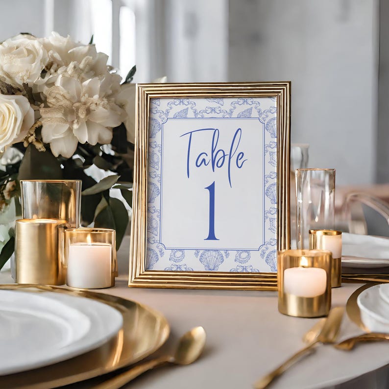 Coastal Seashell Wedding Table Number Sign Template Blue Coquette ...