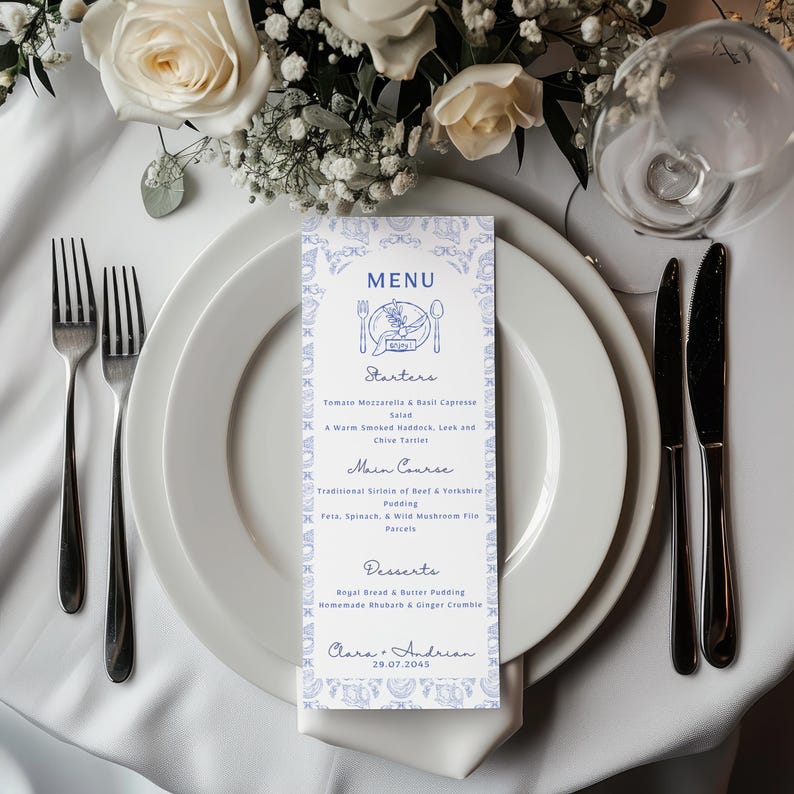 Seashell Wedding Bridal Shower Menu Card Template Coastal Beach Blue ...