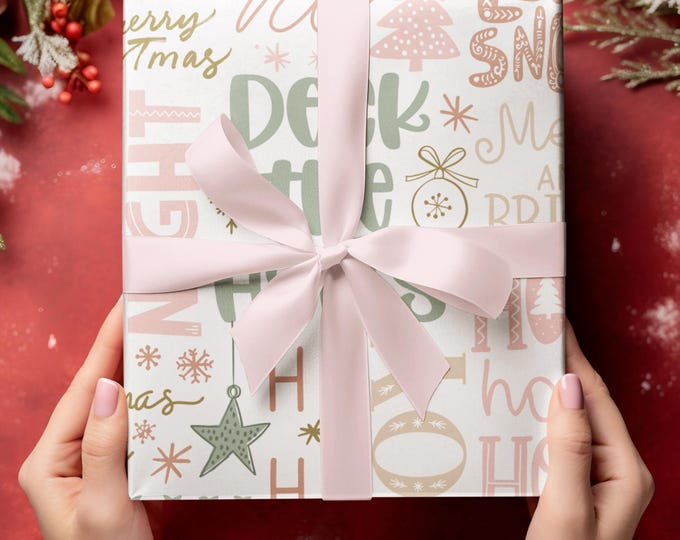 Pink Christmas Gift Wrap, Winter Scene Wrapping Paper, Pink Holiday ...