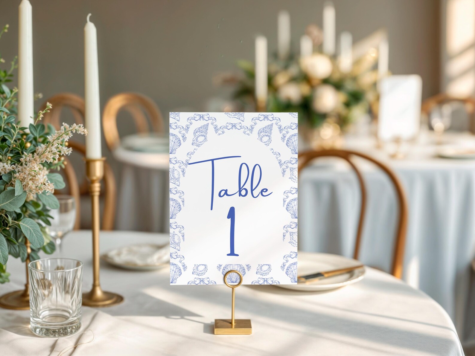 Coastal Seashell Wedding Table Number Sign Template Blue Coquette ...