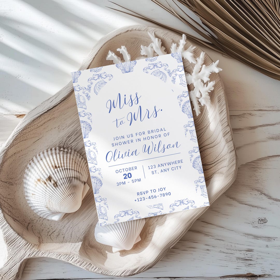 Bridal Shower Blue Seashells Coquette Invitation Template Summer ...
