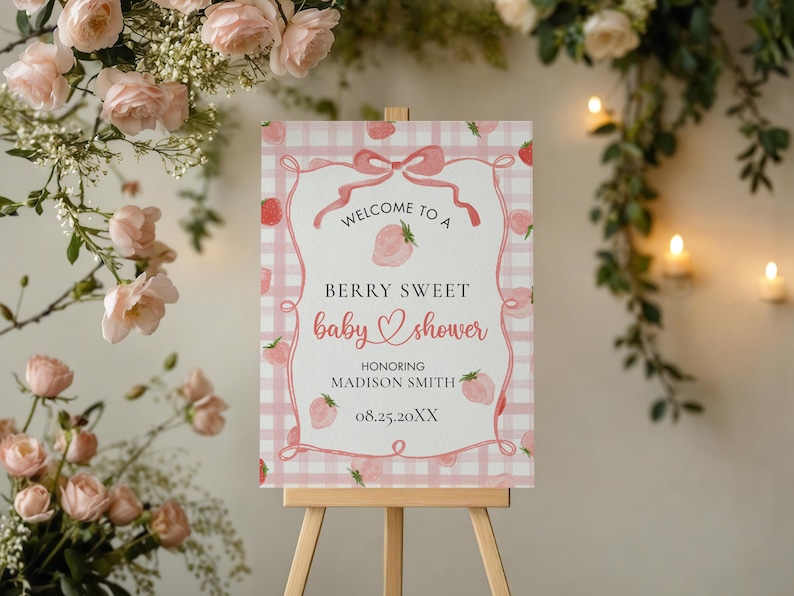 Berry Sweet Welcome Baby Shower Sign Banner Poster Pink Coquette ...