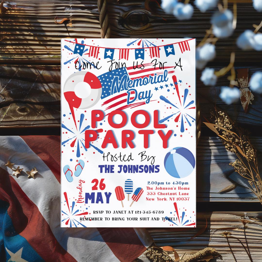 Memorial Day Pool Party Invitation, Editable Red White Blue Invite ...