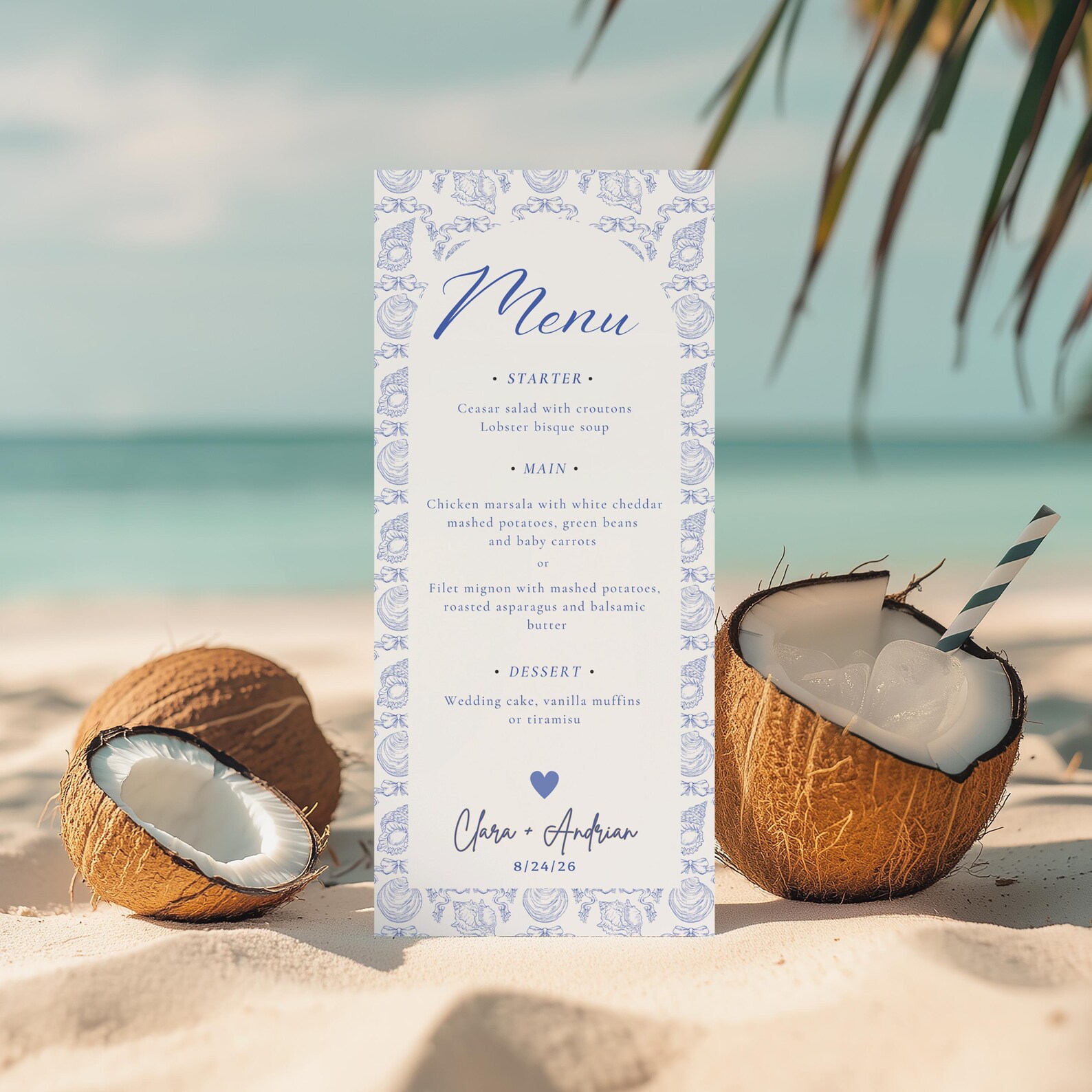 Seashell Wedding Bridal Shower Menu Card Template Coastal Beach Blue ...