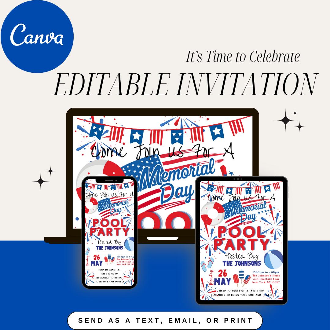 Memorial Day Pool Party Invitation, Editable Red White Blue Invite ...