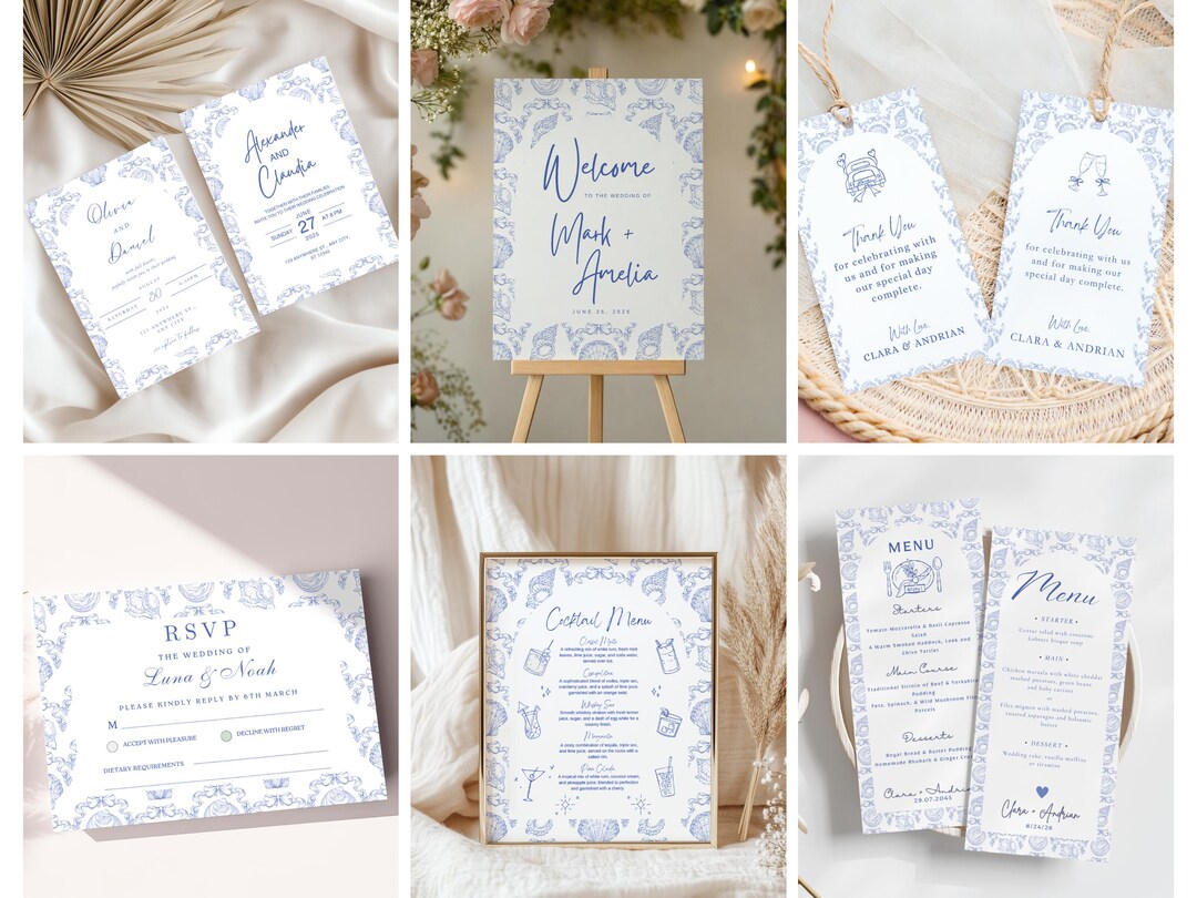 Blue Toile Shell Wedding Bundle Canva Template Coastal Seashells Coquette Beach Weddings Bundles ...
