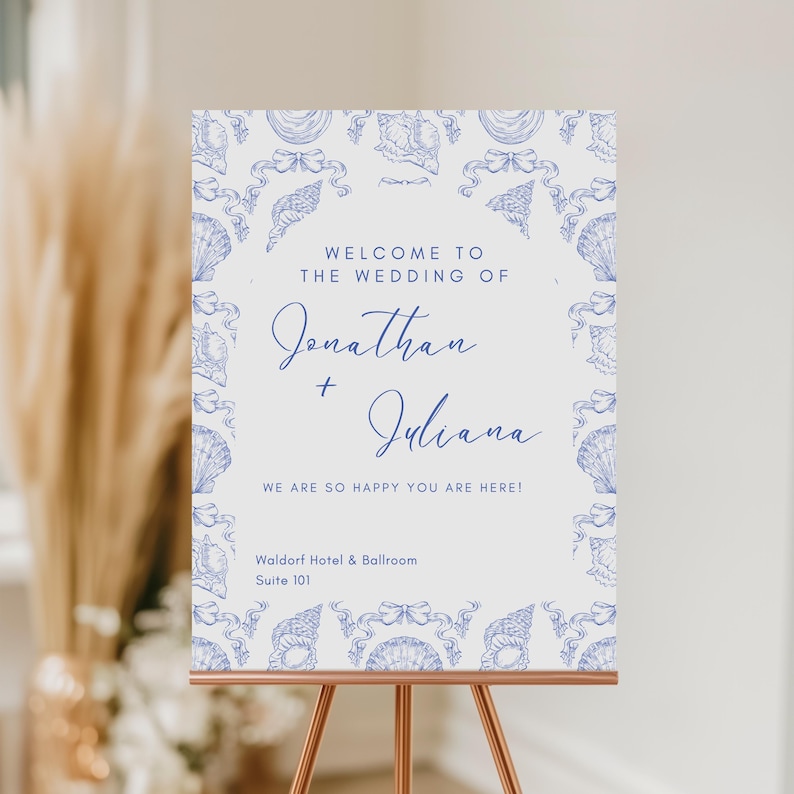 Blue Beach Shell Wedding Sign Template Blue Toile Chinoiserie Coastal ...