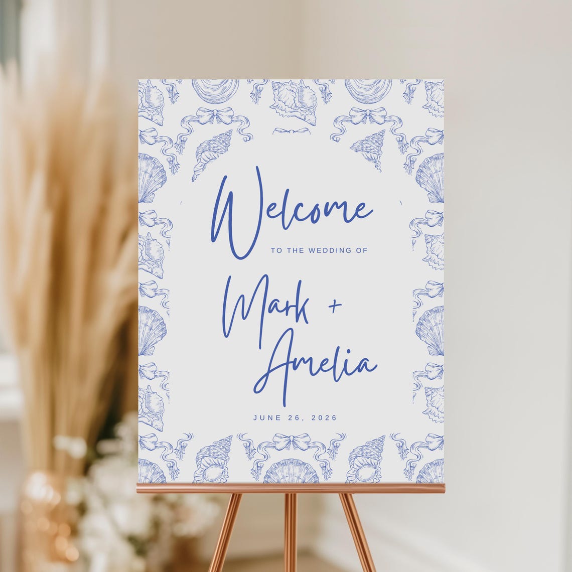 Blue Beach Shell Wedding Sign Template Blue Toile Chinoiserie Coastal ...
