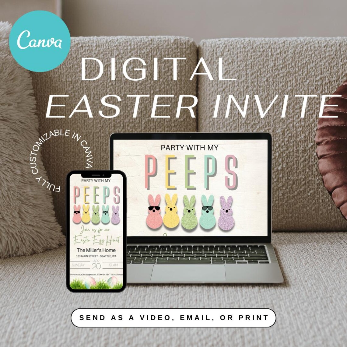 Editable Digital Peeps Party Invitation, Spring Template Invitations ...