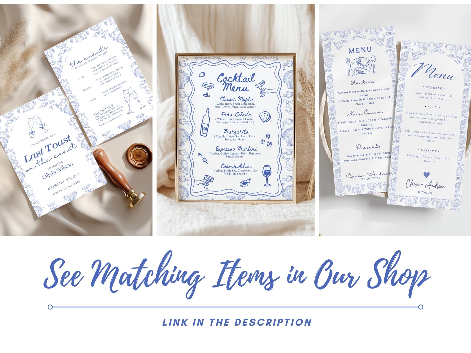 Blue Beach Shell Wedding Sign Template Blue Toile Chinoiserie Coastal ...
