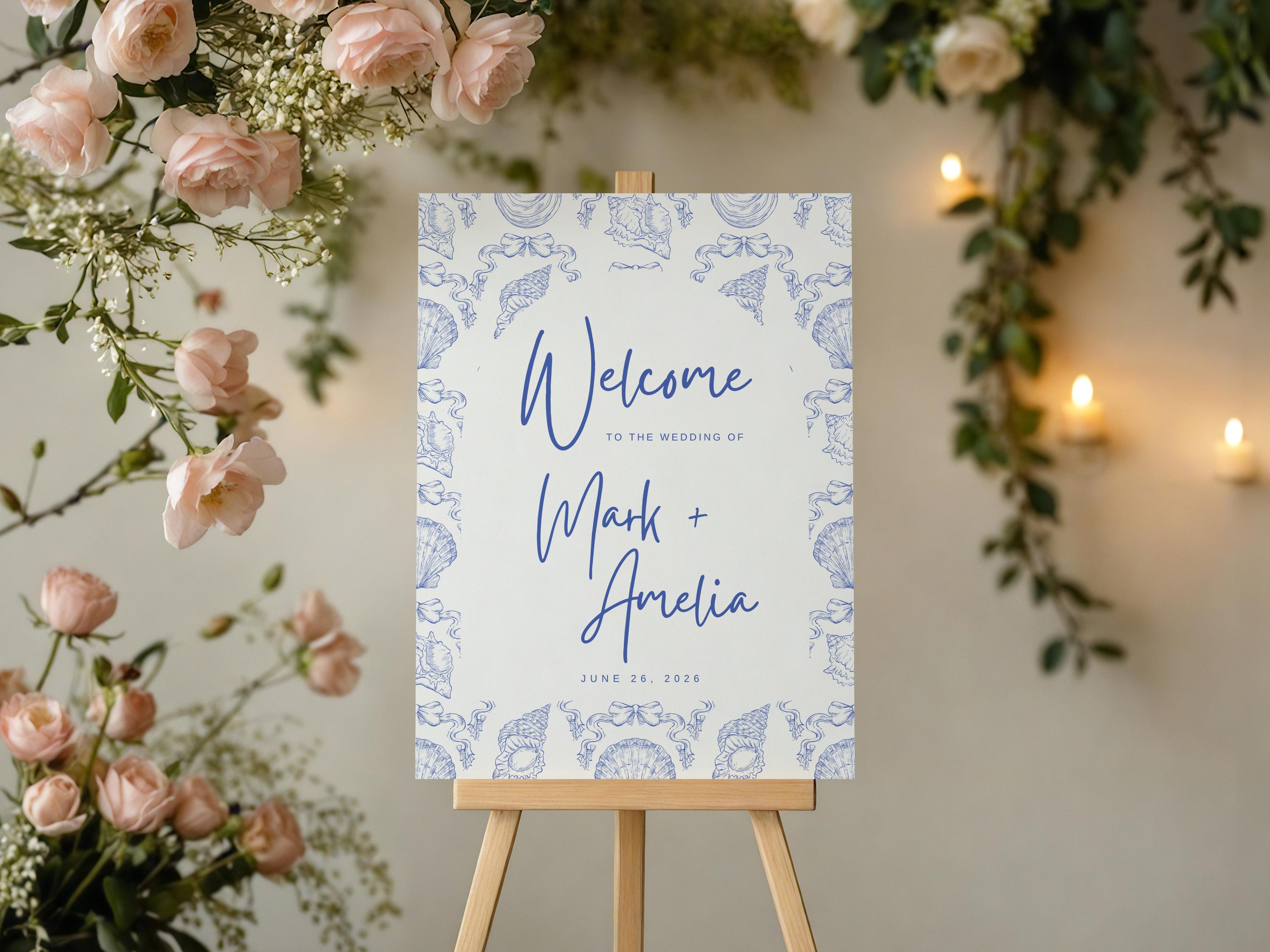 Blue Beach Shell Wedding Sign Template Blue Toile Chinoiserie Coastal ...
