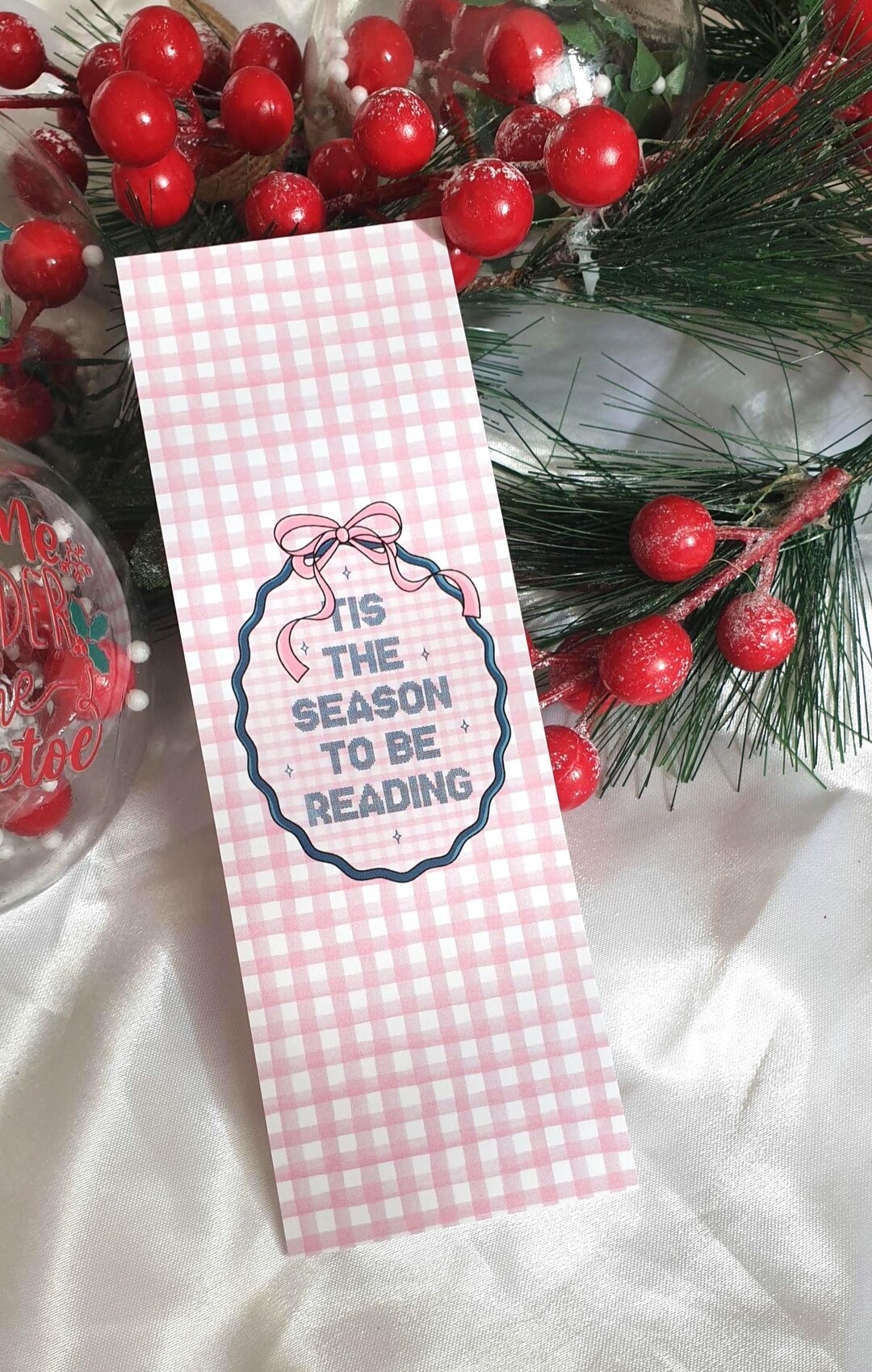 Pink Gingham Christmas Reading Bookmark "tis the Season to Be Reading ...