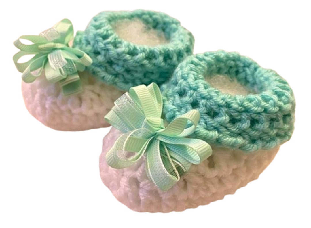 BB0002 White and Mint Green Baby Booties With Mint Green Ribbon - Etsy
