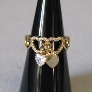 Heart Double Charm Ring, 18k Gold Ring, Cubic Zirconia Ring, Dangle ...