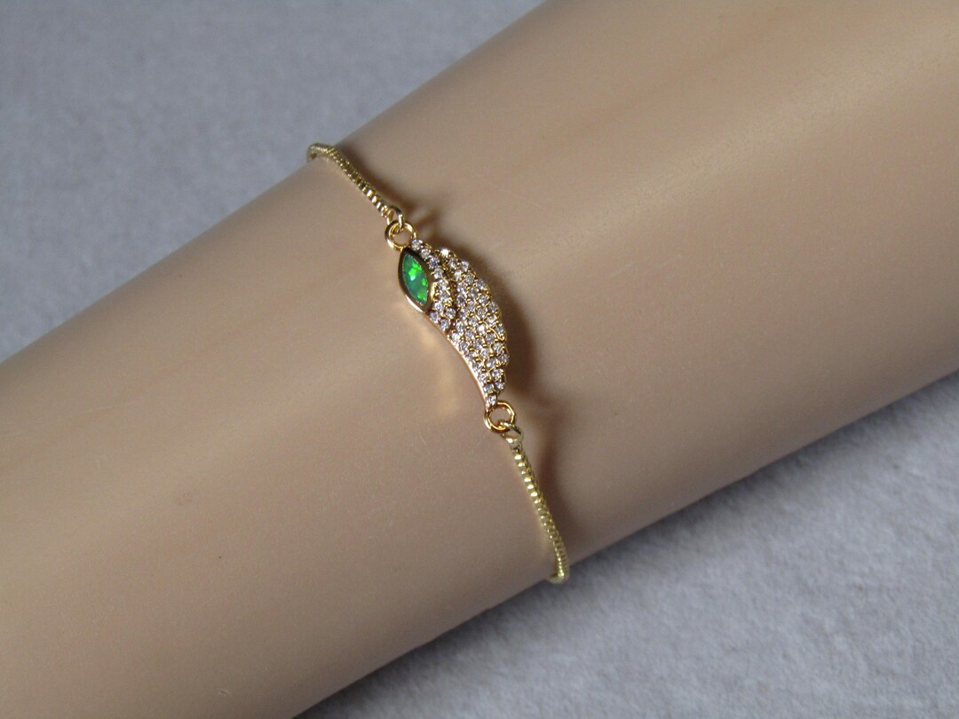 Angel Wing Slider Gold Bracelet, 18k Gold Bracelet, Cubic Zirconia ...