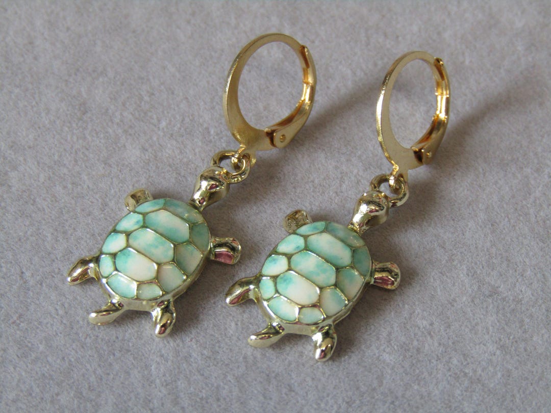 Turtle Earrings, 18k Gold Hoop Earrings, Green Turtle Earrings, Animal ...