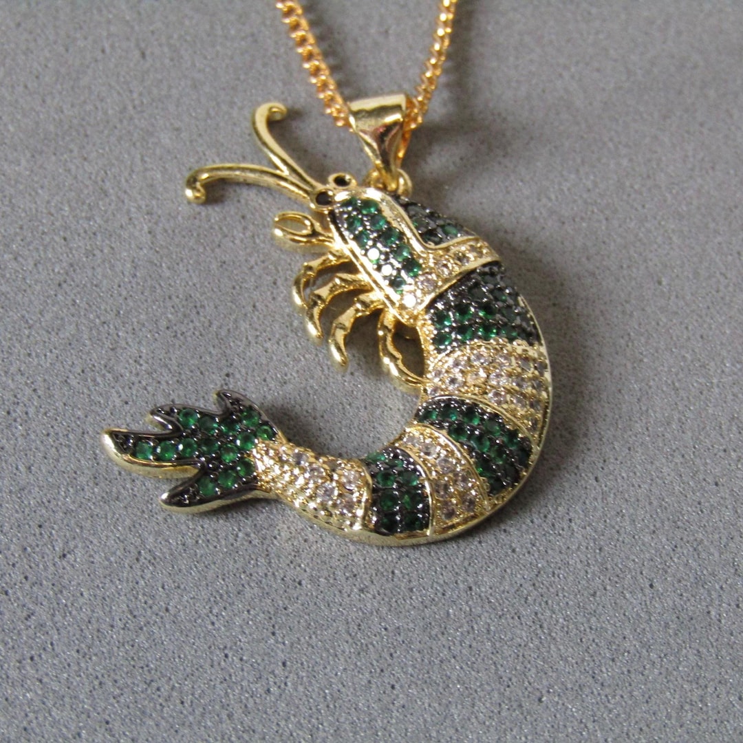 Shrimp Necklace, 18k Gold, Cubic Zirconia, Prawn, Green Necklace - Etsy