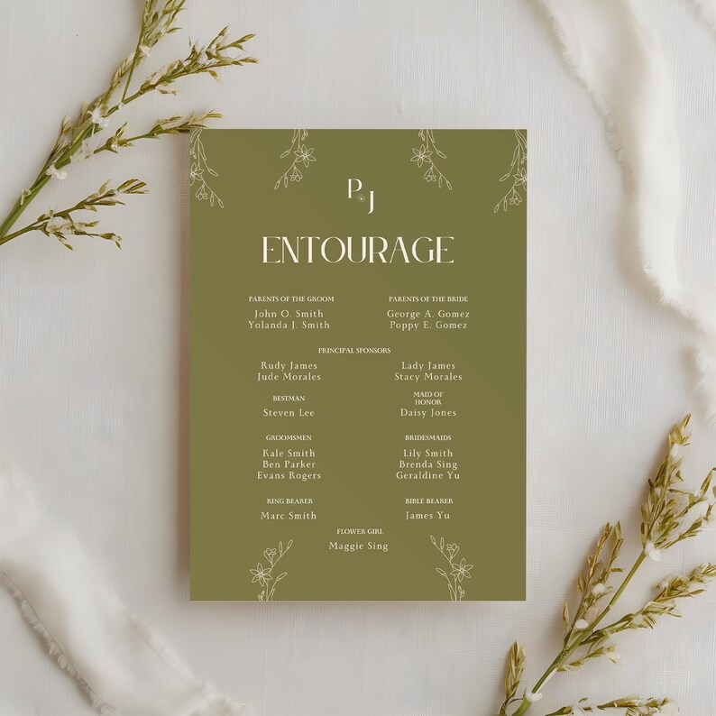 Olive Floral Wedding Entourage Template: Editable Canva Design (digital ...