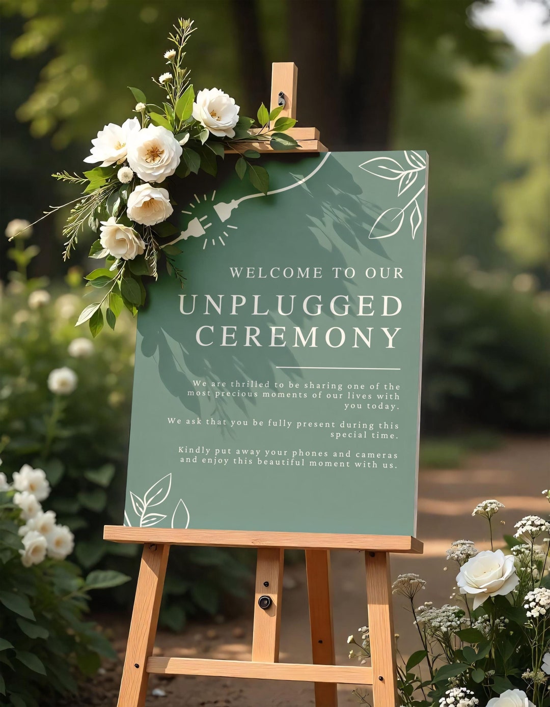 Unplugged Ceremony Wedding Sign Template | Modern Sage Leaf Wedding ...