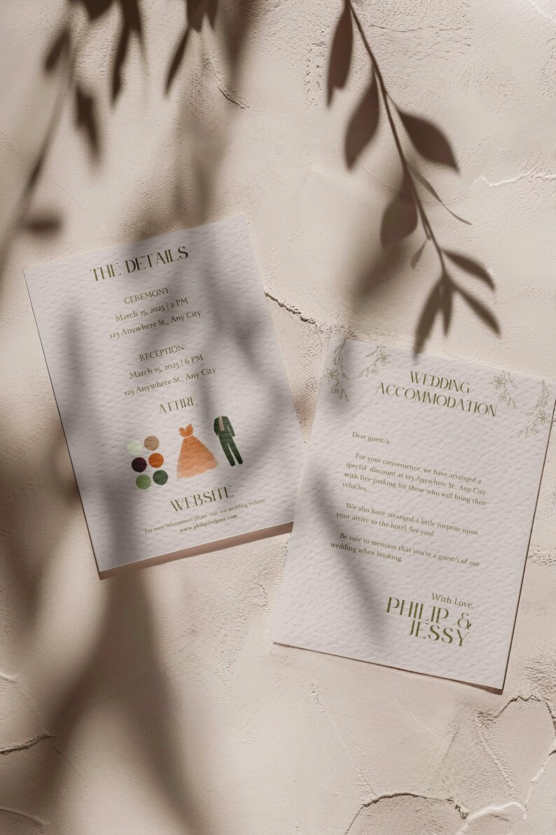 Elegant Wedding Details Card Template: Olive Reception, Accommodation ...